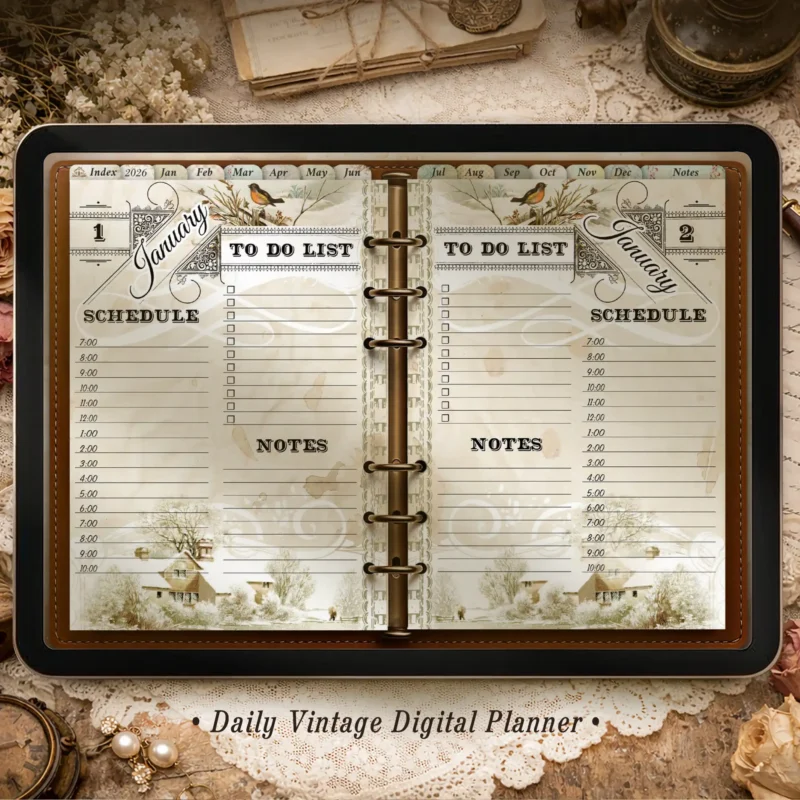 Vintage Daily Digital Planner 2026 for iPad | Illustrated Planner